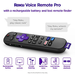 Roku Voice Remote Pro | Rechargeable voice remote with TV controls, lost remote finder, private listening, hands-free voice controls, and shortcut buttons for Roku Players, Roku TV, & Roku Streambars