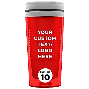 Custom Insulated Double Wall Travel Tumbler with Lid 16 oz. Set of 10, Personalized Bulk Pack - Perfect for Iced Coffee, Soda, Other Hot & Cold Beverages - Red