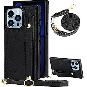 CCSmall for iPhone 13 Mini Wallet Case for Women,Removable Adjustable Strap Crossbody Card Holders Cover Neck Strap Lanyard Purse Shoulder Strap Kickstand Purse Case for iPhone 13 Mini KB Black