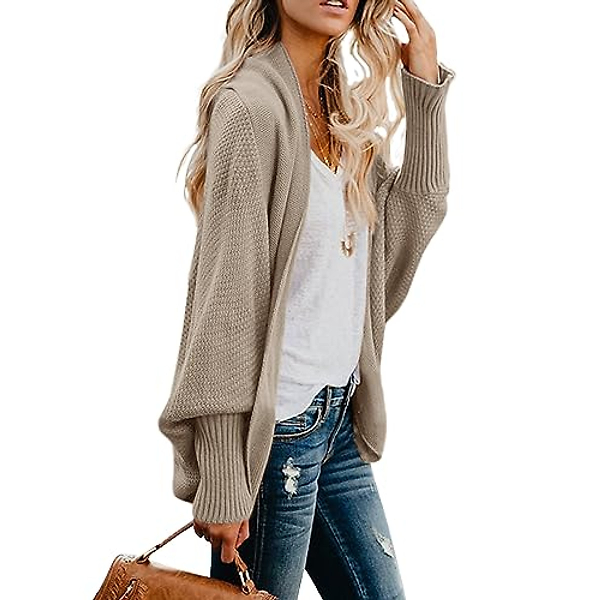 Mafulus Women's Cardigan Sweaters Oversized Chunky Knit Kimono Slouchy Wrap Batwing Open Front Outwear Coat Khaki