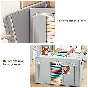 VAN CADENE 66L Clothes Storage Bins Metal Frame Clothes Storage Organizer Bedding Storage Bags with Zipper and Clear Windows, Oxford Closet Organizers and Storage Boxes (3 Pack)