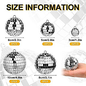 66 PCS Mirror Disco Ball for Party, 3.94/3.15/2.36/2/1.18 Inches Silver Hanging Disco Ball Reflective Glass Disco Ball for Christmas Tree Ornament Holiday Party Home Decorations