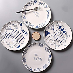 YARNOW 8-inch Ceramic Serving Plate Porcelain Round Platter Dessert Salad Tray Dinner Dish Bowl for Tabletop Home Restaurant (Nine Fishes)