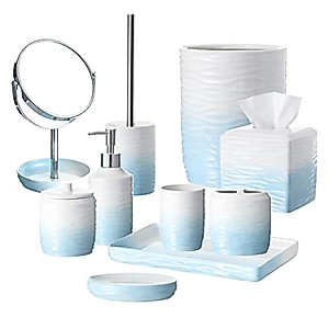 Motifeur Bathroom Accessories Set, 5-Piece Ceramic Bath Accessory Complete Set with Lotion Dispenser/Soap Pump, Cotton Jar, Soap Dish, Tumbler and Toothbrush Holder (Blue and White Gradient)