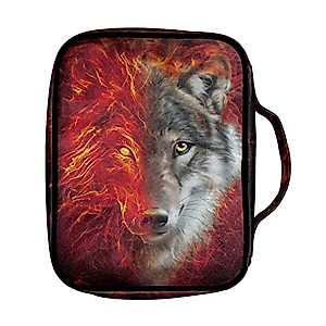 WELLFLYHOM Wolf Flame Bible Cover for Study Bible Carrying Case for Women Book Bags Bible Holder Church Tote Bag with Handle and Zipper Pocket Bible Holder Bible Accessories