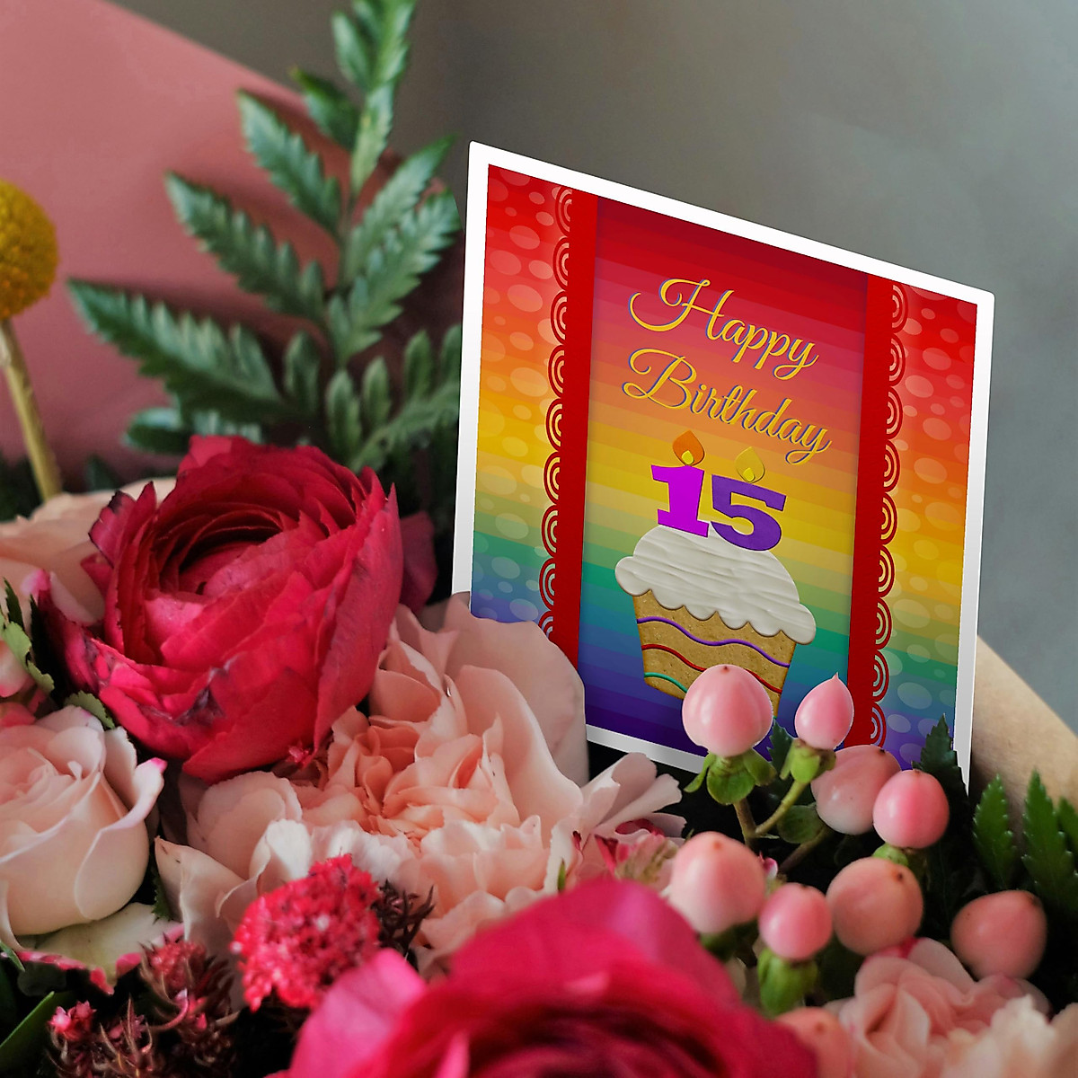 Greeting Card - Cupcake with Number Candles,15 Years Old Birthday - Birthday Design