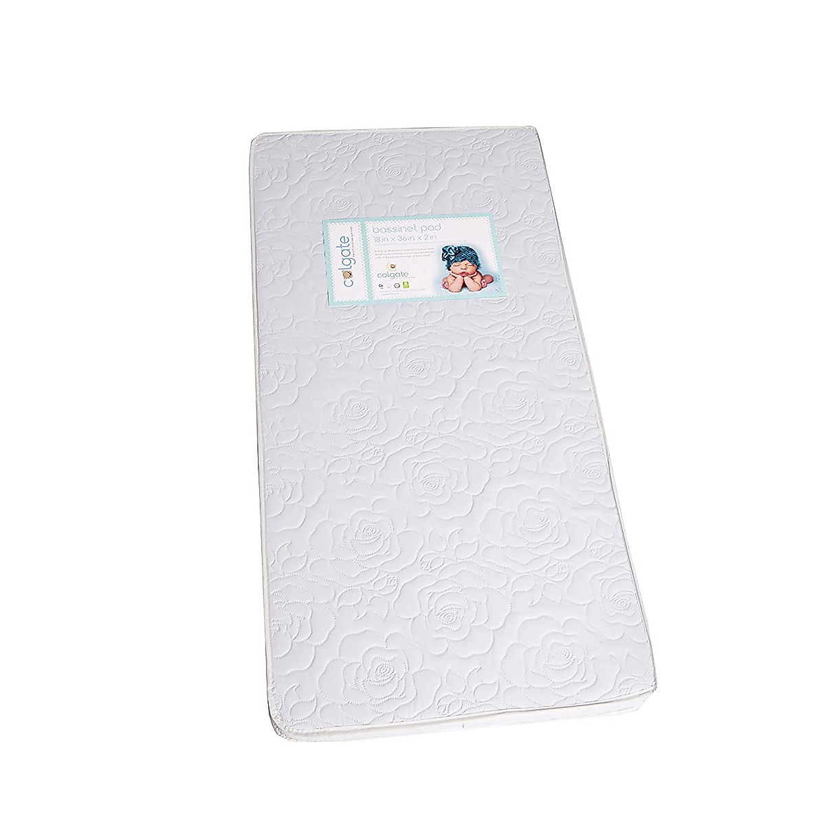 Colgate Mattress Cradle & Bassinet Mattress - GREENGUARD Gold Certified, Reversible Bassinet Pad with 2” Thickness, Wrapped in Waterproof Quilted Cover - 18” X 36” X 2”