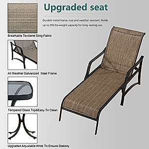TOP HOME SPACE 3-Piece Patio Chaise Lounge Chair Set Metal Adjustable Back Textilene Outdoor Lounger with Glass Top Bistro Table for Porch Backyard Garden - Taupe Brown Grey