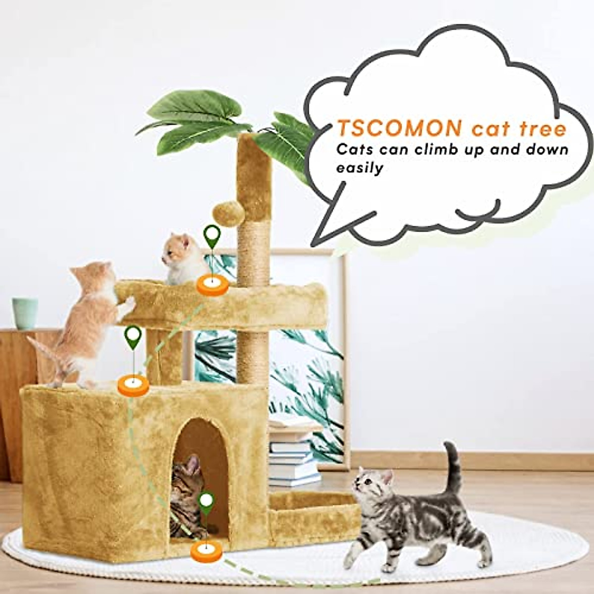 TSCOMON 31.5" Cat Tree Cat Tower for Indoor Cats with Green Leaves, Cat Condo Cozy Plush Cat House with Hang Ball and Leaf Shape Design, Cat Furniture Pet House with Cat Scratching Posts, Beige