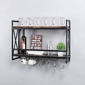 MBQQ Rustic Wall Mounted Wine Racks with 7 Stem Glass Holder,30in Industrial Metal Hanging Wine Rack,2-Tiers Wood Shelf Floating Shelves,Home Room Living Room Kitchen Decor Display Rack,Retro Black