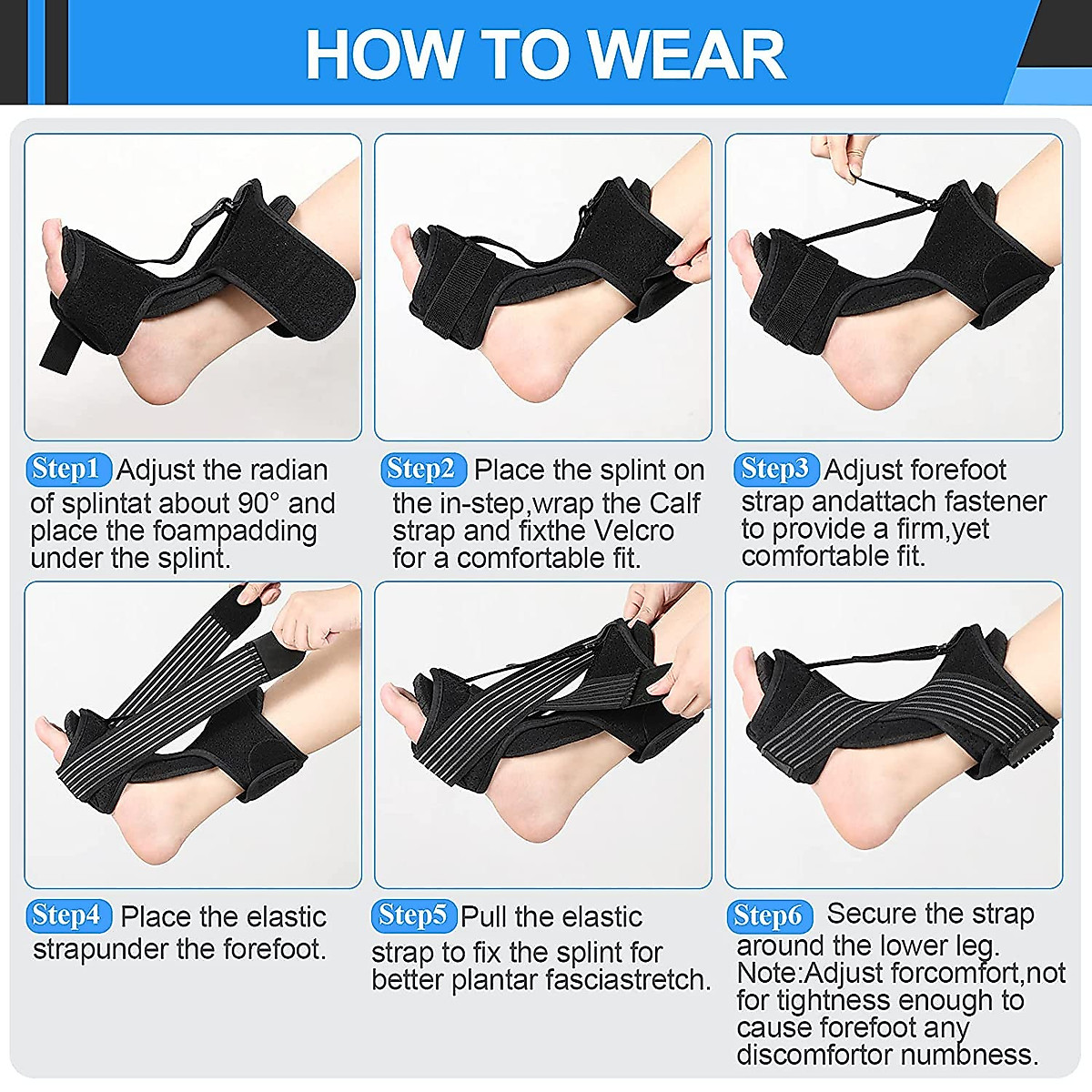 Plantar Fasciitis Night Splint, Adjustable Ankle Brace Foot Drop Orthotic Brace with Hard Spiky Massage Ball Arch Brace Pads, Foot Support Night Splint for Achilles Tendonitis Arch Foot Pain (Black)