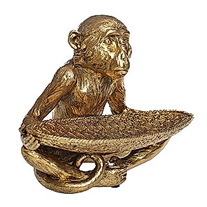 JJ Gifts Cute Monkey Statue Holding a Woven Basket in his Lap. Resin Tray Bowl Dish Home Decoration Organizer with Gold Finish for Potpourri Fruit Snacks Keys Jewelry