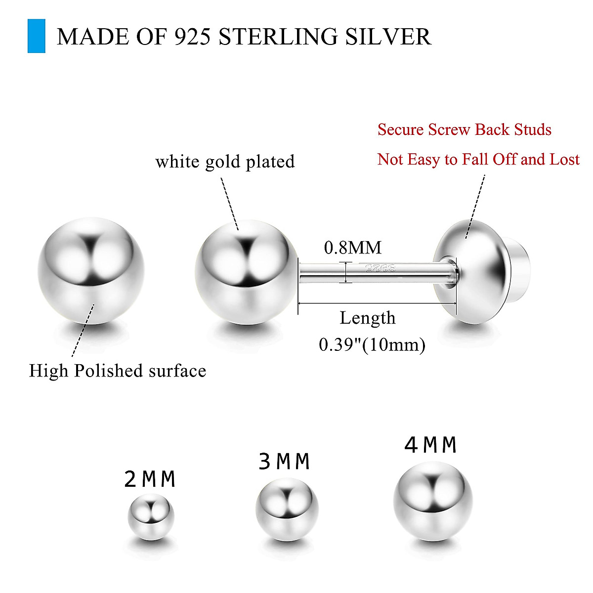 Sllaiss 3 Pairs Ball Stud Earrings Screw Back 925 Sterling Silver Cartilage Earrings Stud 14K Gold Plated Tiny Screwback Earrings For Women 2mm-4mm (Silver)