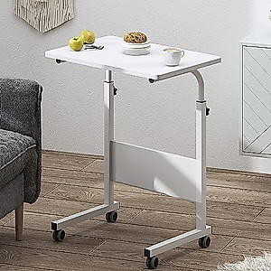 DlandHome Rolling Desk Mobile Standing Desk Mobile Side Table 23.6 Inches w/Wheels Adjustable Movable Portable Laptop Computer Stand for Bed Sofa,White