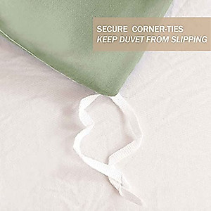 Nanko Queen Duvet Cover Set Sage Green Light Green 3pc 90x90 Luxury Microfiber Comforter Quilt Bedding Cover with Deco Buttons Zip Closure Ties - Modern Elegant Style for Men and Women Chambray Teen