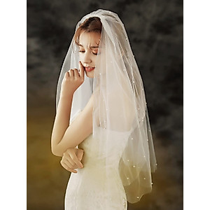 JWICOS 2 Tier Wedding Veil for Brides Short Bridal Tulle Hair Accessories with Comb and Cut Edge Pearl Veil Headband for Bachelorette Wedding Party (White)