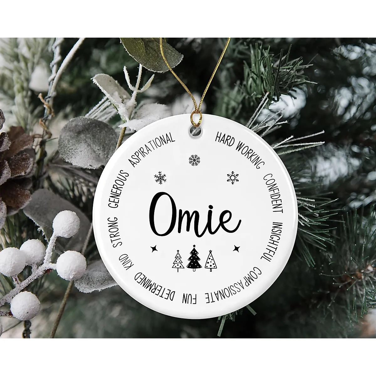 GreenStar Gifts Descriptive Omie Ornament, Best Omie Ever Ornament, Omie Xmas Keepsake Gift from Daughter Or Son, New Omie Ornament, First for Omie Printed on Both Sides