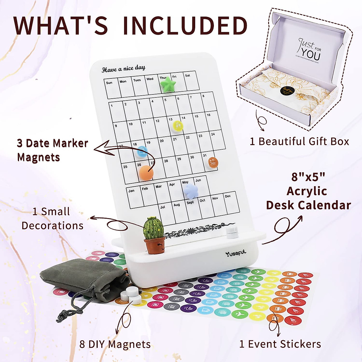 Yuseful Acrylic Desk Calendar - Perpetual Calendar with DIY Planner Magnets - Unique Gifts for Women, Desk Decorations for Women Office, Desk Accessories Aesthetic, Cute Desk Decor(White)