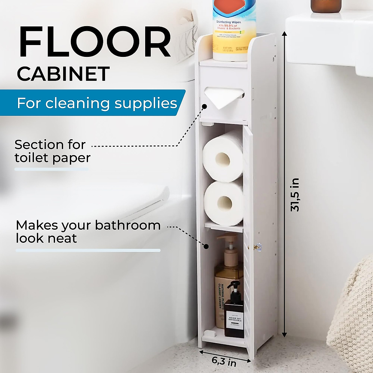 WOWZILLA Small Bathroom Storage Cabinet, White Bathroom Cabinet for Small Spaces, Next to Toilet Storage Slim Bathroom Organizers and Storage Cabinet with Shelves and Two Ventilation Door Holes