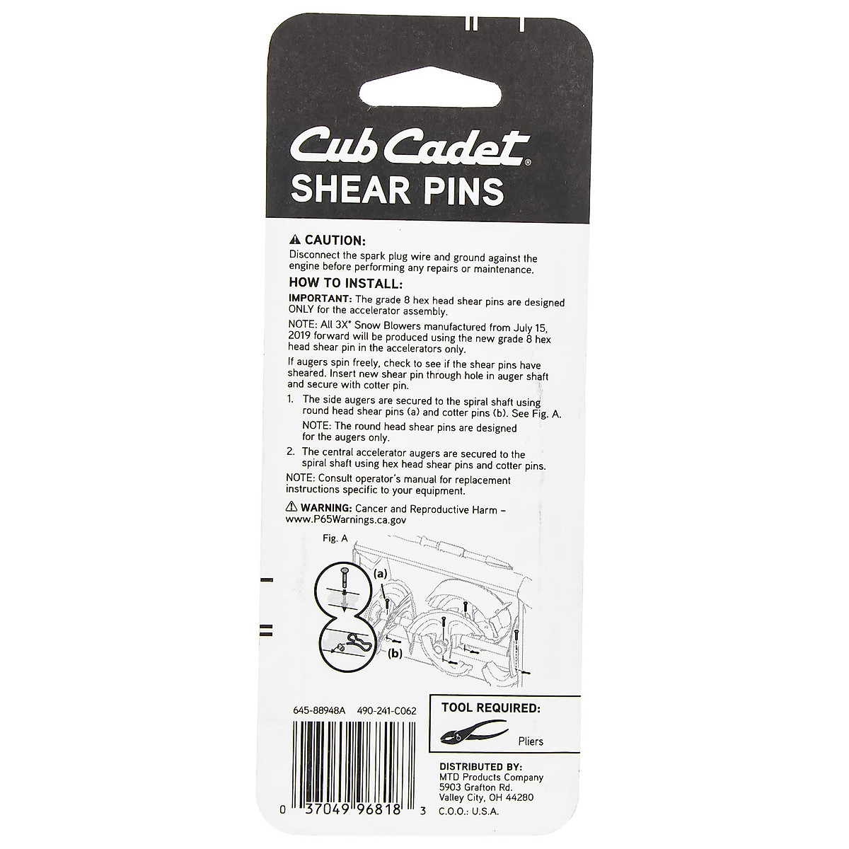 CUB CADET 490-241-C062 Shear Pin Set Kit 3X 24-34" Max Pro Trac Snow Throwers