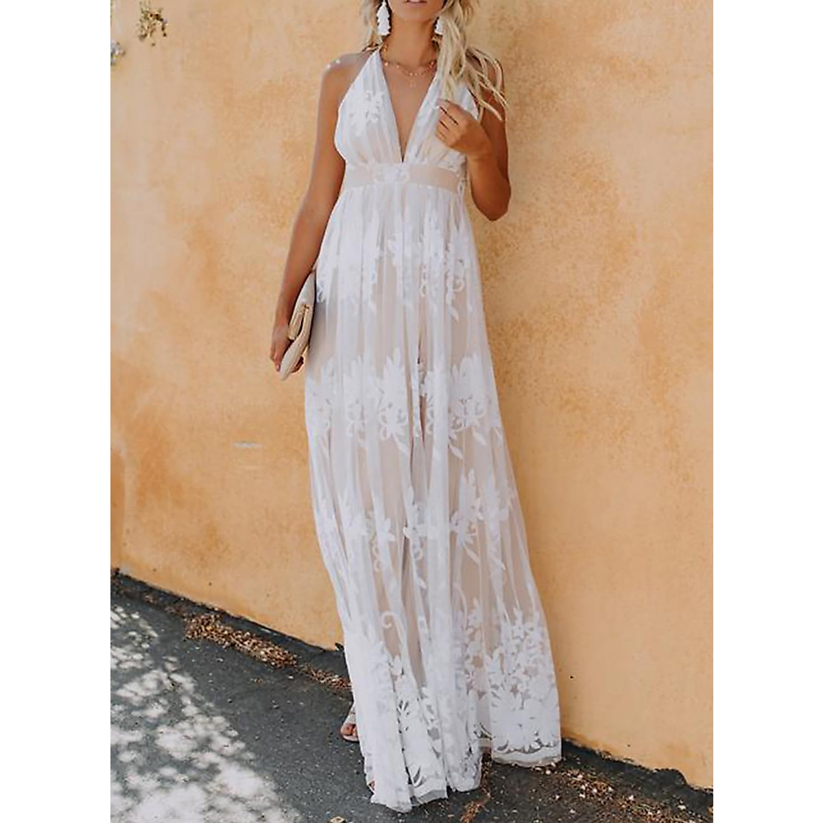 Dokotoo Womens Sexy V Neck Sleeveless Spaghetti Straps Elegant Embroidered High Slit Sheer Mesh Dresses Backless Maxi Long Formal Evening Party Prom Dress Bridesmaid Wedding Guest Dresses White Small