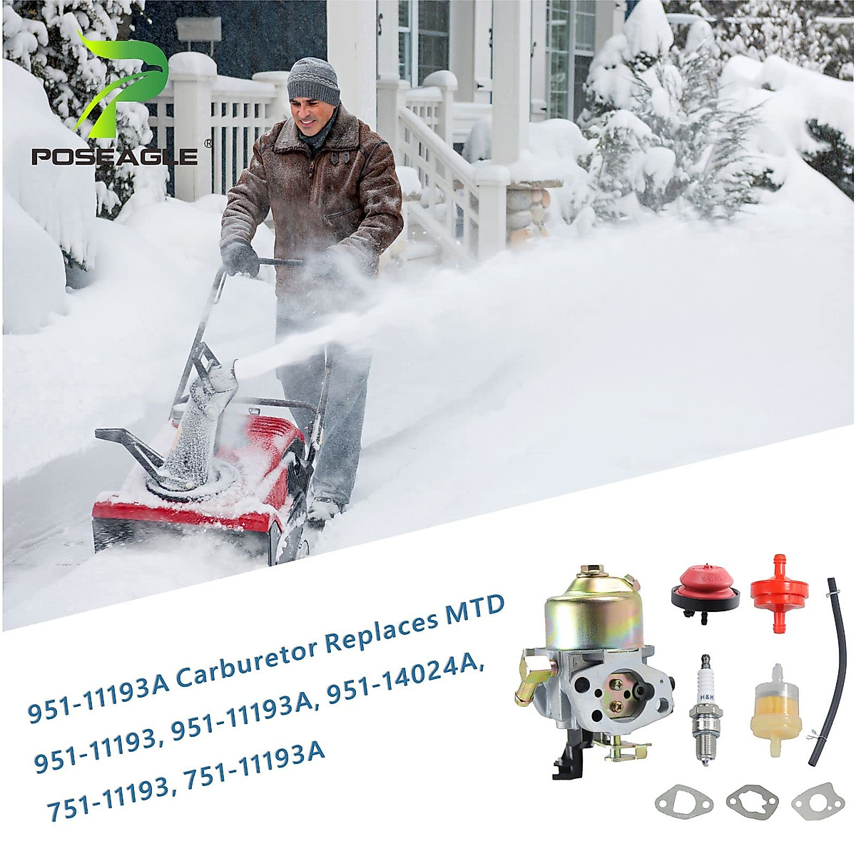 POSEAGLE 951-14027A Carburetor Replaces 751-10638, 951-10638, 951-10638A, 951-14026A, 951-14027A for MTD 170-SU, 270-SU, 270-SUA, 370-SU, 370-SUC Snow Blower Engine