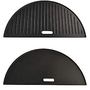 ZLjoint Half Moon Cast Iron Reversible Griddle and Grate Compatible Kamado Joe Classic I, II, III; 18" (Griddle+Grate)