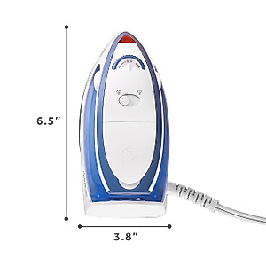 Sunbeam Hot-2-Trot Travel Steam Iron, 800 Watt Dual Voltage 120/240, Compact Size, Portable, Non-Stick Soleplate, Soft Touch Handle, Horizontal or Vertical Use, White and Blue