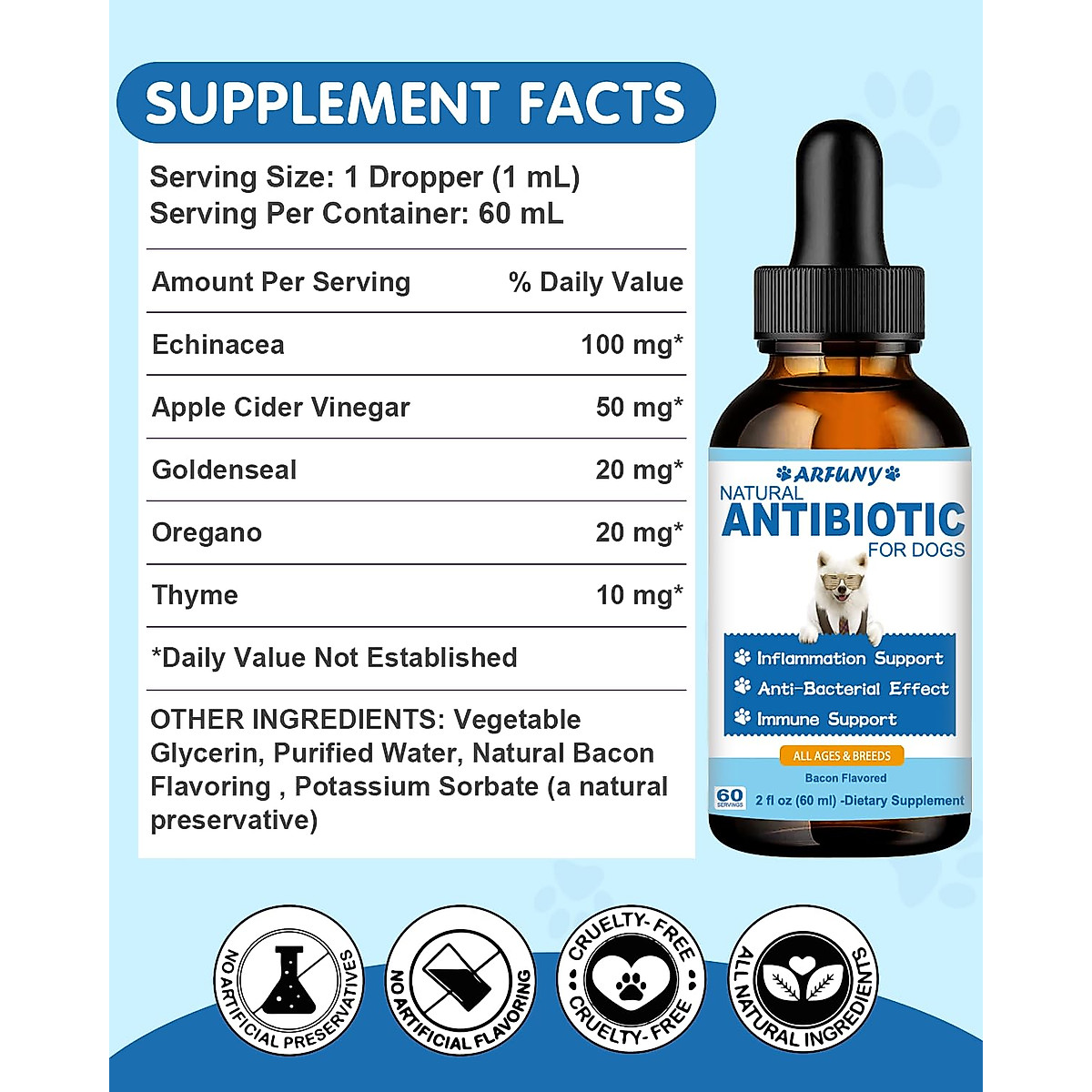 Natural Antibiotics for Dogs | 60ML Dog Antibiotic Drops | Dog Itchy Skin Relief | Dog Allergy Relief | Dog Immune Support | Dog Antibiotics for Skin Infection | Organic Natural Ingredients | Bacon