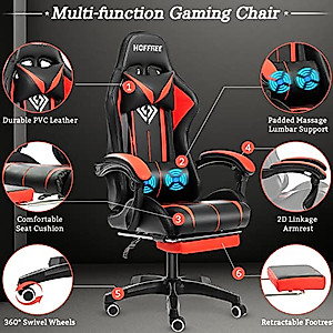 HOFFREE Gaming Chair with Bluetooth Speakers and Lights Ergonomic Computer Massage Gaming Chair with LED RGB Lights Footrest High Back Music Video Game Chair with Lumbar Support Red and Black