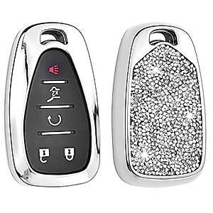 Royalfox 3 4 5 6 Buttons 3D Bling Diamond Rhinestones Girly Smart Remote Key Fob Case Cover for 2016 2017 2018 2019 2020 2021 2022 Chevy Chevrolet Malibu Camaro Cruze Traverse (Silver)