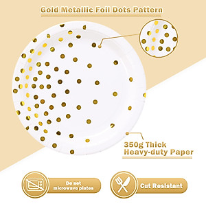 CENLBJ Disposable Paper Plates 100 Pack - White and Gold Paper Plates 50 x 9 & Gold Dot Napkins 50 x 6.5,Party Supplies for Weddings, Birthdays, Bridal Parties, All Occasions
