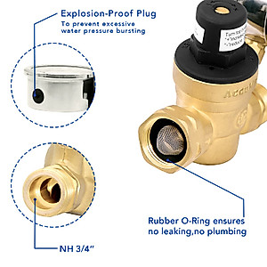 Accumeter 3/4 Lead-Free Water Pressure Regulator Brass Water Valve with Gauge, Adjustable Pressure Reducer for RV Camper, Build in Oil, NH Thread