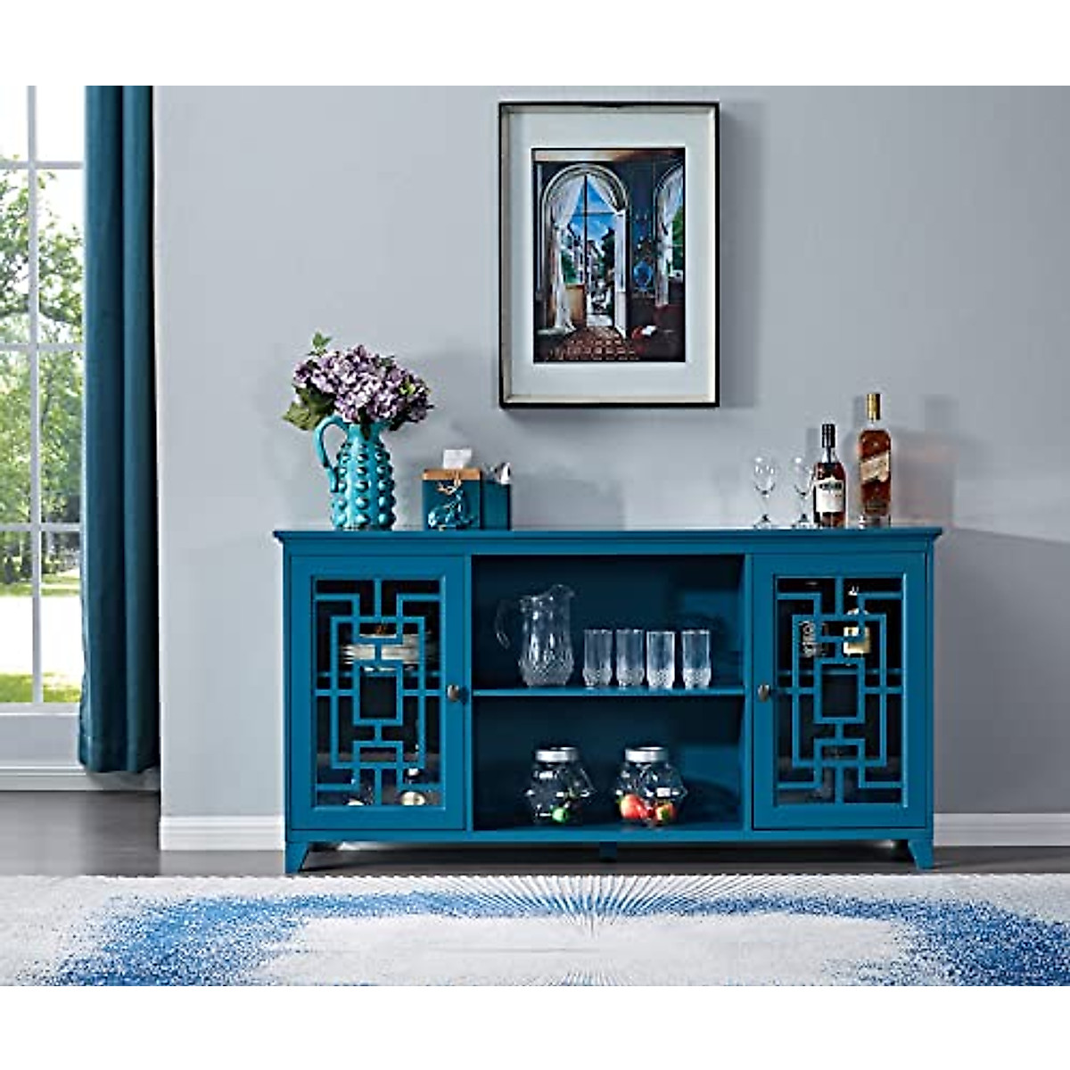 IINE'a 60 Inch Buffet Cabinet with Storage, Sideboard Buffet Cabinet, Accent Storage Cabinet, Buffet Table with 2 Doors and Adjustable Shelf for Entryway Kitchen Dining Room Living Room, Blue