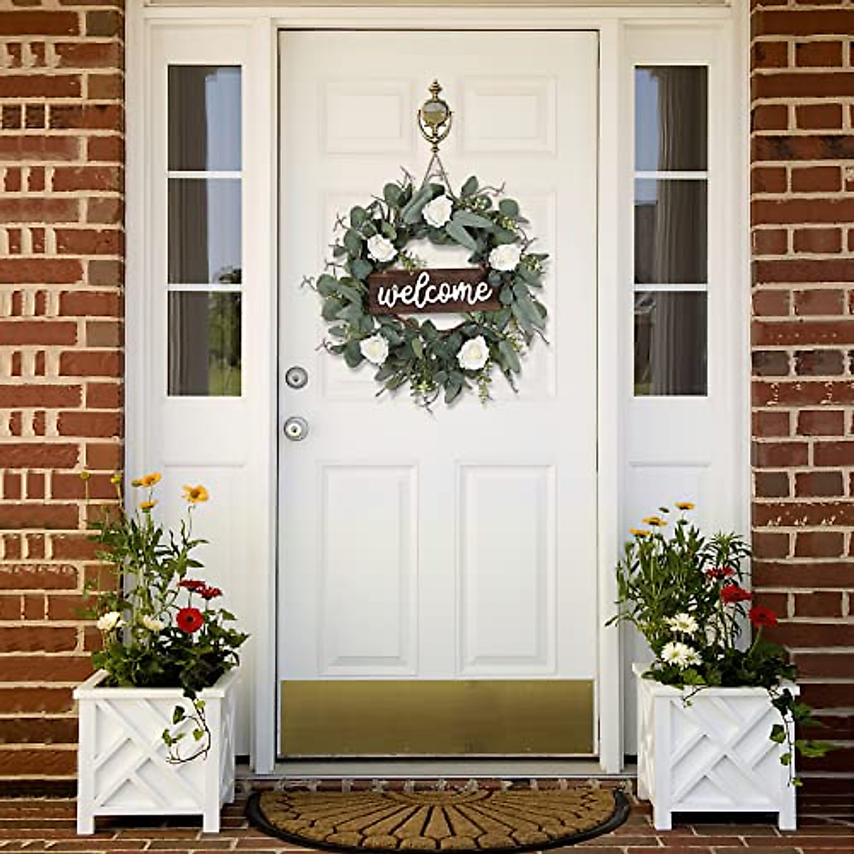 Adeeing Artificial Eucalyptus Wreath for Front Door 20 Inch Green Leaves Welcome Wreath with Wood Sign Rose Flower Farmhouse Wreath for Window Wall Party Home Decoration