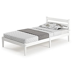 Camaflexi Mid-Century Modern Platform Bed/Solid Wood/Slat Headboard/Mattress Foundation of 10 Wood Slats - No Box Spring Needed/Easy Assembly, Mult. Colors, Twin (White)
