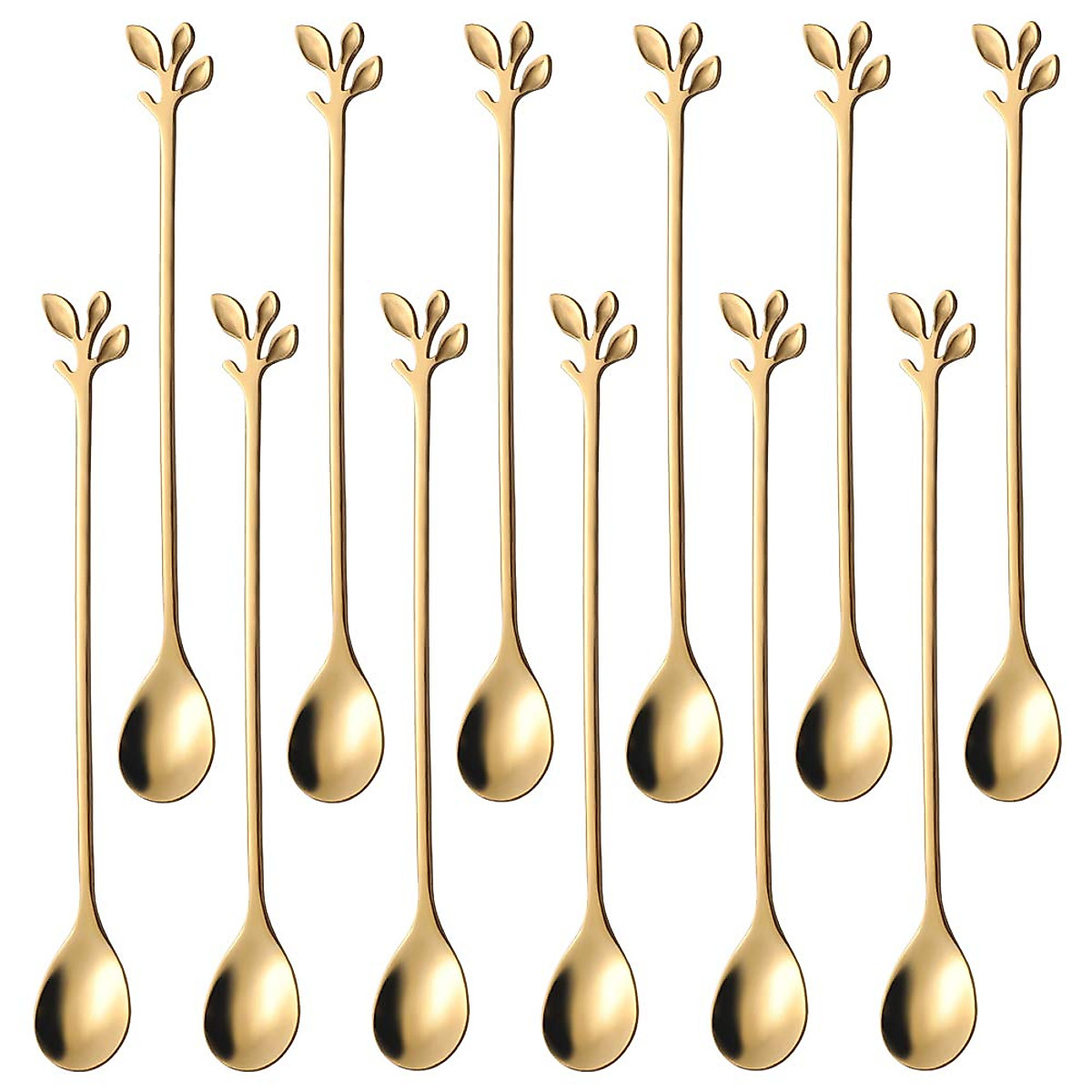 AnSaw Leaf Handle Long Teaspoons, 7.4" Gold Coffee & Tea Stirring Spoons, Stainless Steel Coffee Stir Spoon Set of 12