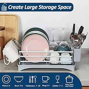 HIPPIH Dish Racks for Kitchen Counter, Dish Drying Rack with Drainboard Aluminum Compact Rustproof Dish Drainer with Adjustable Swivel Spout and Removable Utensil Racks