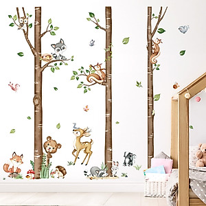 decalmile Large Birch Tree Forest Animals Wall Stickers Bear Rabbit Fox Deer Wall Decals Baby Nursery Toddler Bedroom Living Room Wall Decor(H: 63inches/ 160cm)