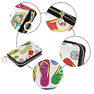 Colorful Flip Flops Beach Sandals On White Grey Credit Card Coin wallet, RFID Blocking Compact Women Leather Card Holder, Key Change Organizer, Zipper Purse Clutch Pouch Pocket