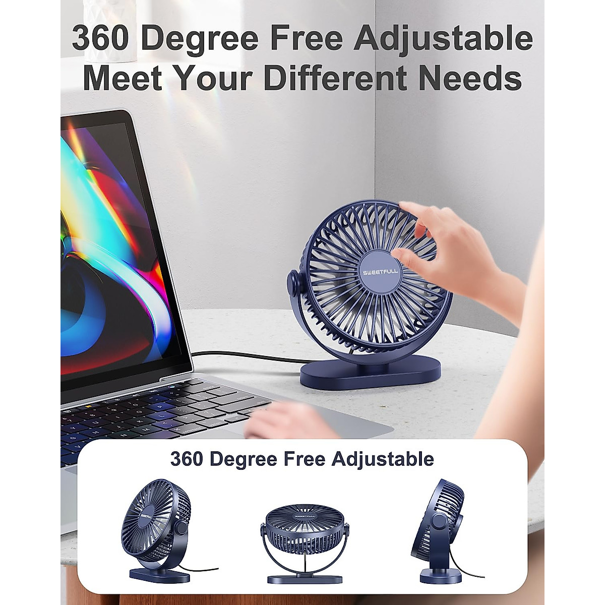 SWEETFULL USB Desk Fan Small Quiet - 3 Speeds Mini Personal Portable Fan 360° Rotation Adjustable, 5 Inch Office Table Cooling Gadgets on Desktop (Blue)