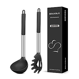 Silicone Pasta Fork and Soup Ladle Set, Non-Stick BPA Free Heat-Resistant Handy Kitchen Utensils for Cooking, Serving, Draining, Stirring (Black)