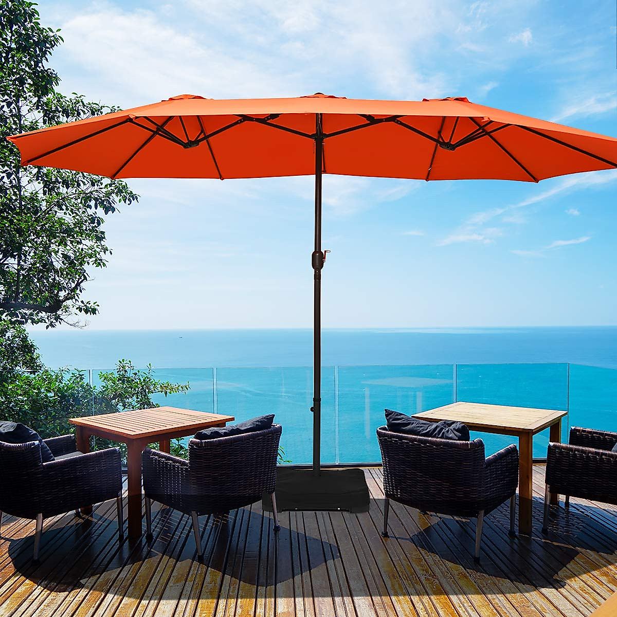 Tangkula 15 Ft Patio Double Sided Umbrella with Base, Extra Large Market Outdoor Twin Table Umbrella with Crank Handle