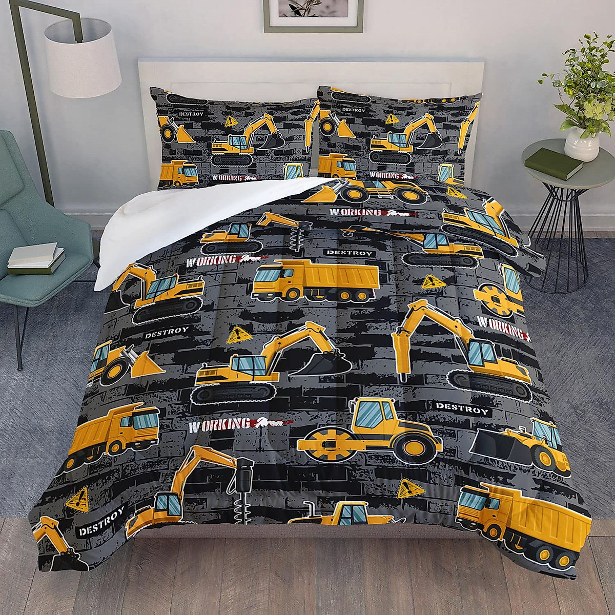 Datura home Kids Engineering Car Bedding Comforter Set Tractor Truck Printed Pattern Bedding Set with 1 Comforter and 2 Pillowcases for Boys Bedroom All Season(Truck2 Twin), Twin 68x86inches