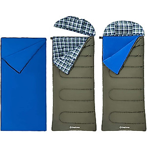 KingCamp 3-in-1 Rectangle Flannel Sleeping Bag Oversize 90.5”×35.4” 3-4 Season 100% Cotton Sleeping Bags with Washable Liner, Pillow and Portable Handbag for Camping
