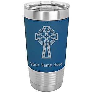 LaserGram 20oz Vacuum Insulated Tumbler Mug, Celtic Cross, Personalized Engraving Included (Faux Leather, Blue)