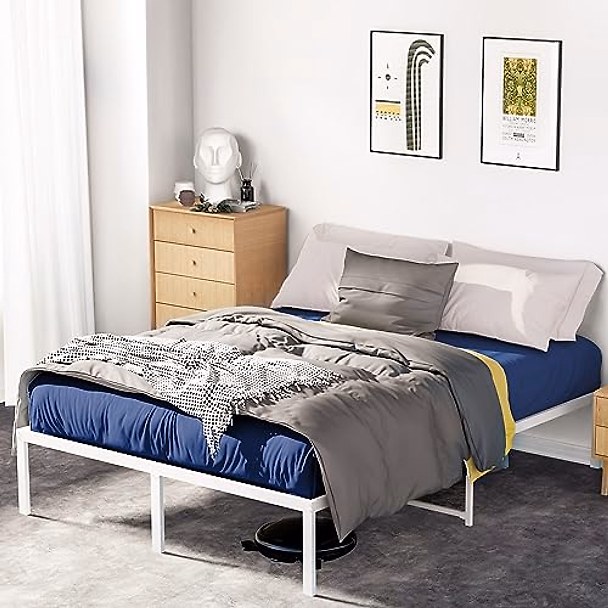 LUSIMO 14 Inch Full Bed Frame with Storage Heavy Duty Tall Metal Platform Bed Frame with Steel Slats No Box Spring Needed Noise Free Anti Slip White