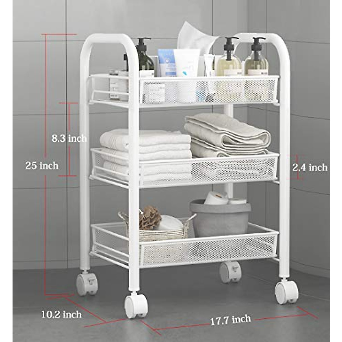 Rolling Storage Cart 3-Tier Metal Mesh Basket Shelves Kitchen Organizer with Wheels(White)