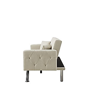 Verfur Linen Upholstered Futon Bed with 2 Cup Holders,Button Tufted Convertible Folding Loveseat, Small Lounger Sofa & Couch for Compact Living Spaces,Apartment, 75.59", Beige