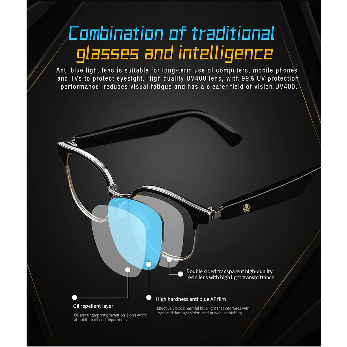 Smart Music Call Glasses Waterproof and Dustproof Anti -Blue Light Navigation Intelligent Voice Siri Awakening Sunglasses Metal Frame Personalized Headset Rose Gold (Bluck Gold-Anti -Blue Light)